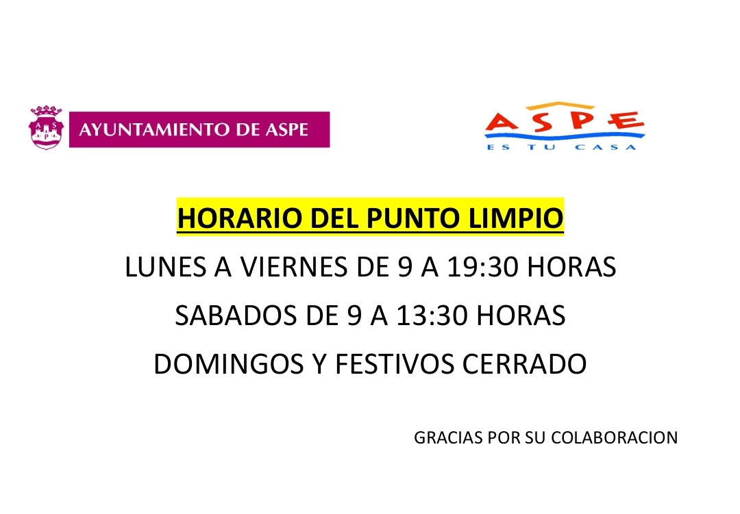 Horario actualizado del Punto Limpio – Ayuntamiento de Aspe